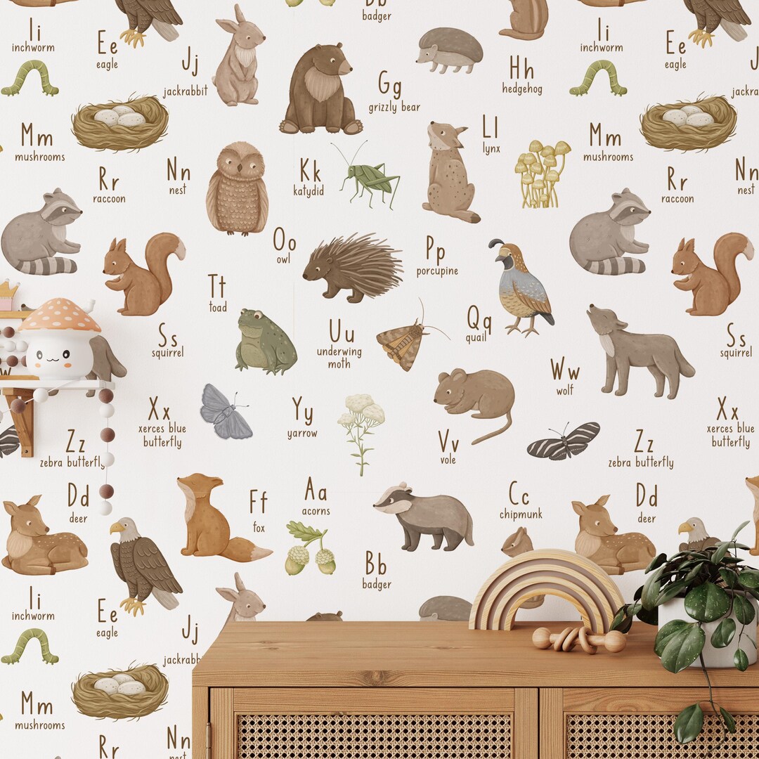 Woodland Alphabet Wallpaper: Educational Animal ABC Peel and Stick Wall ...