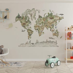 WORLD MAP Wall Decal for Kids, World Map Wall Decal, Wall Decal Animals ...