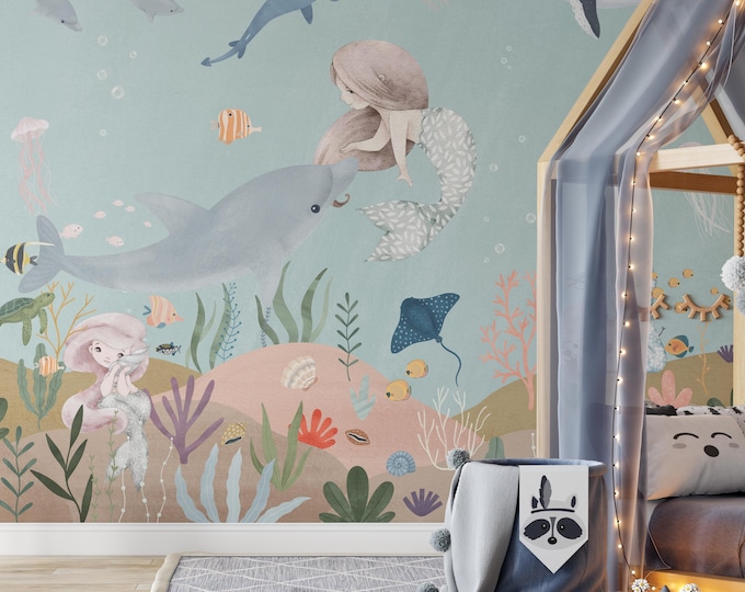 Mermaid Wallpaper for Girl. Underwater Wallpaper Kid Room. Mermaid Wall ...