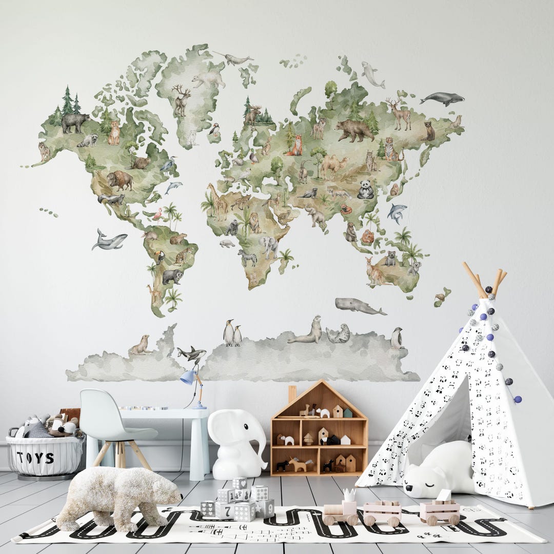 WORLD MAP Wall Decal for Kids, World Map Wall Decal, Wall Decal Animals ...