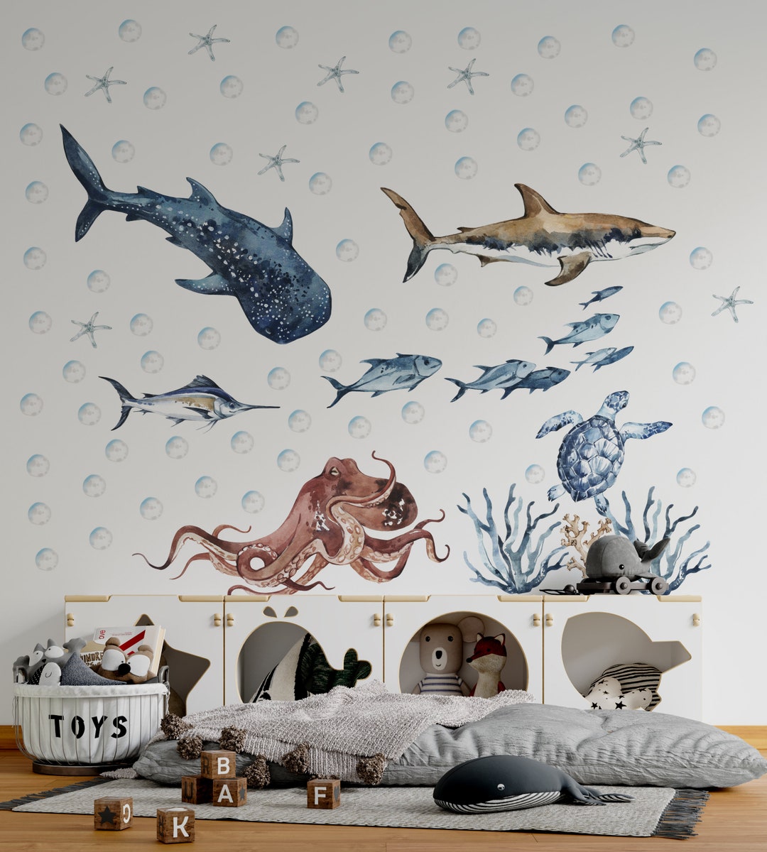 Ocean Wall Decal, Shark Wall Decal, Ocean Wall Stickers, Fish Wall ...