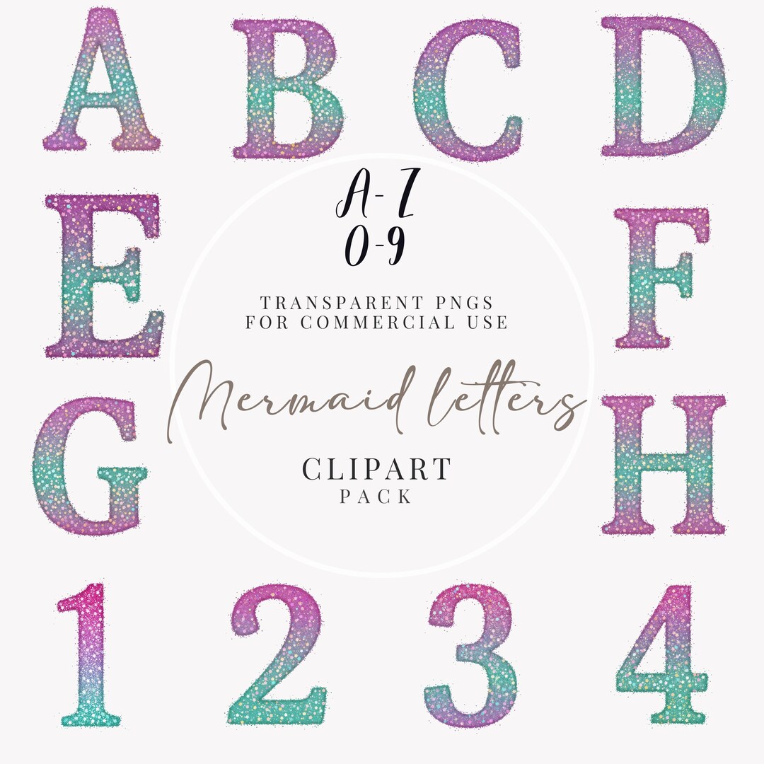 Mermaid Glitter Letters and Numbers Clipart, Purple Teal Ombre PNG ...
