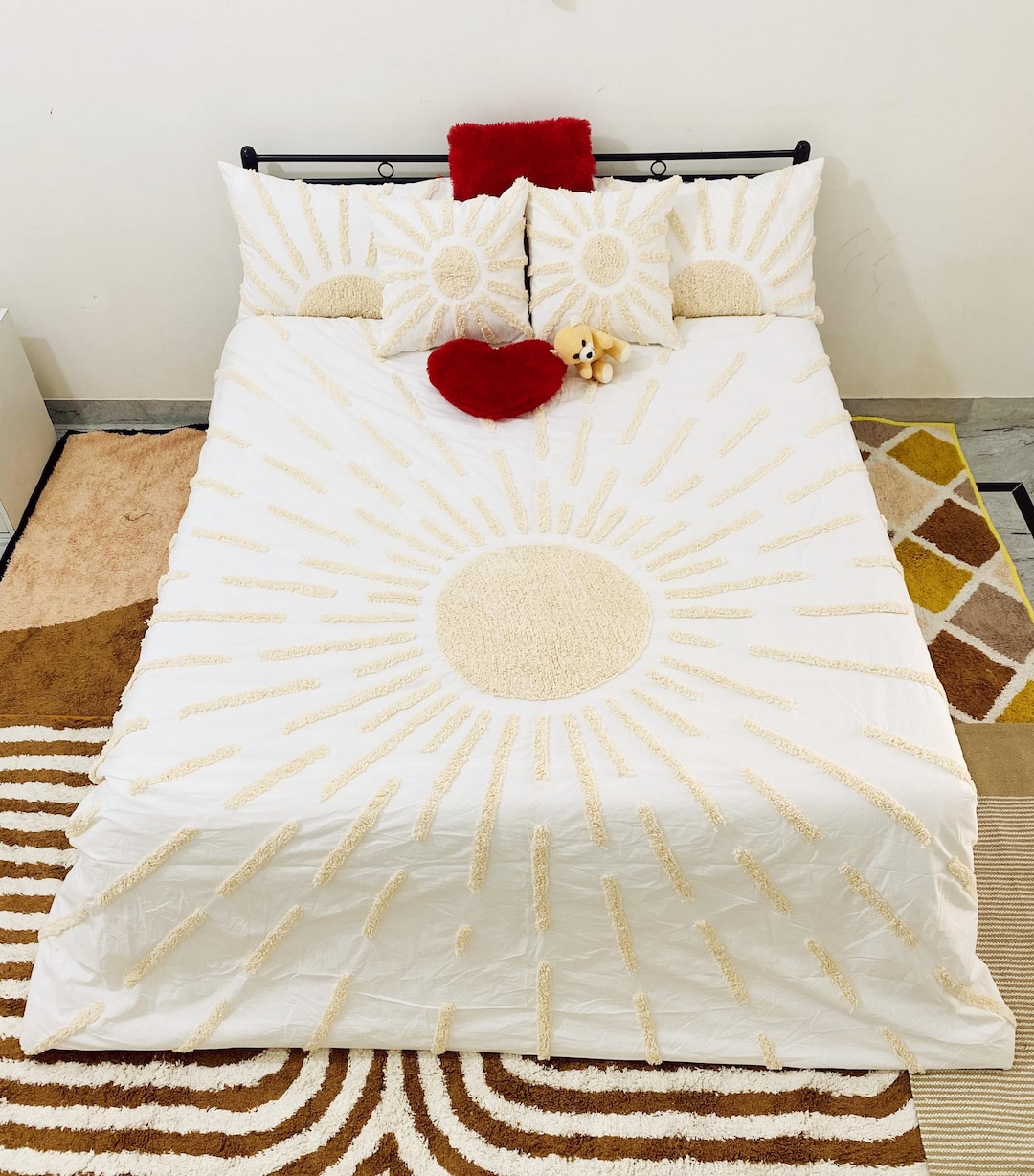 Ivory Sun Tufted Cotton Duvet Cover Set: Boho Bedding - Etsy