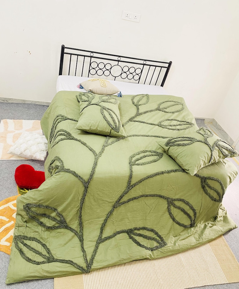 Cotton Duvet Cover King Boho Green Tree Tufted 3 Piece Luxury Bedding ...