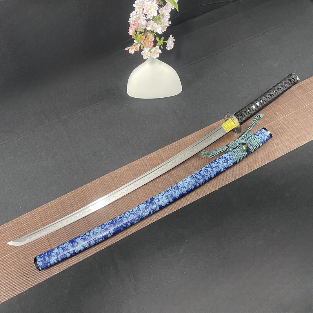 Handmade 1060 High Carbon Steel Katana Wavy Brushed Blade With Blue ...