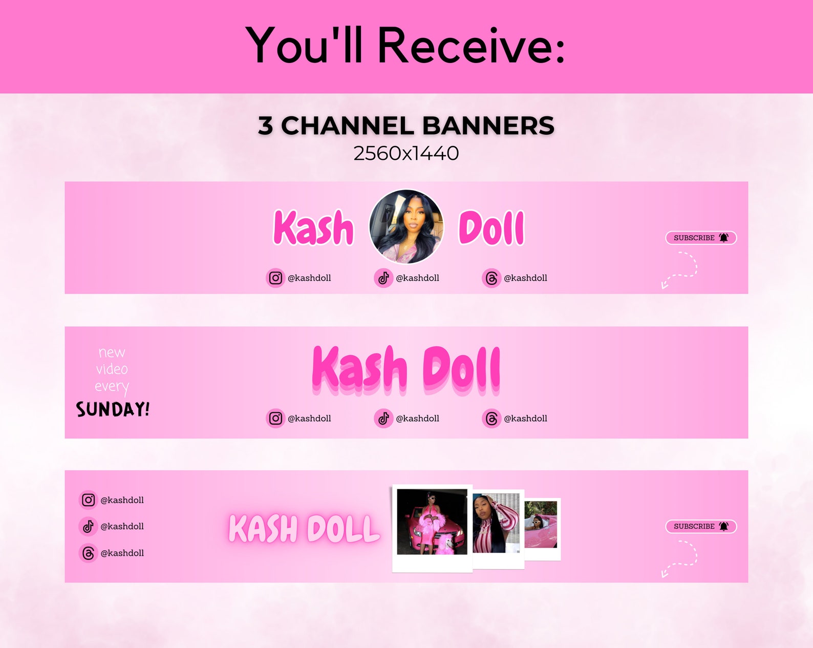 PINK DOLL Youtube Branding Kit, Channel Banners Intros Outros Logos ...