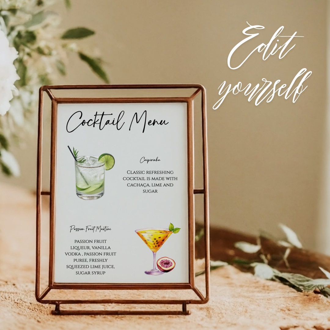 Cocktail Drink Sign | Editable Bar Menu Template | Minimalist Printable ...