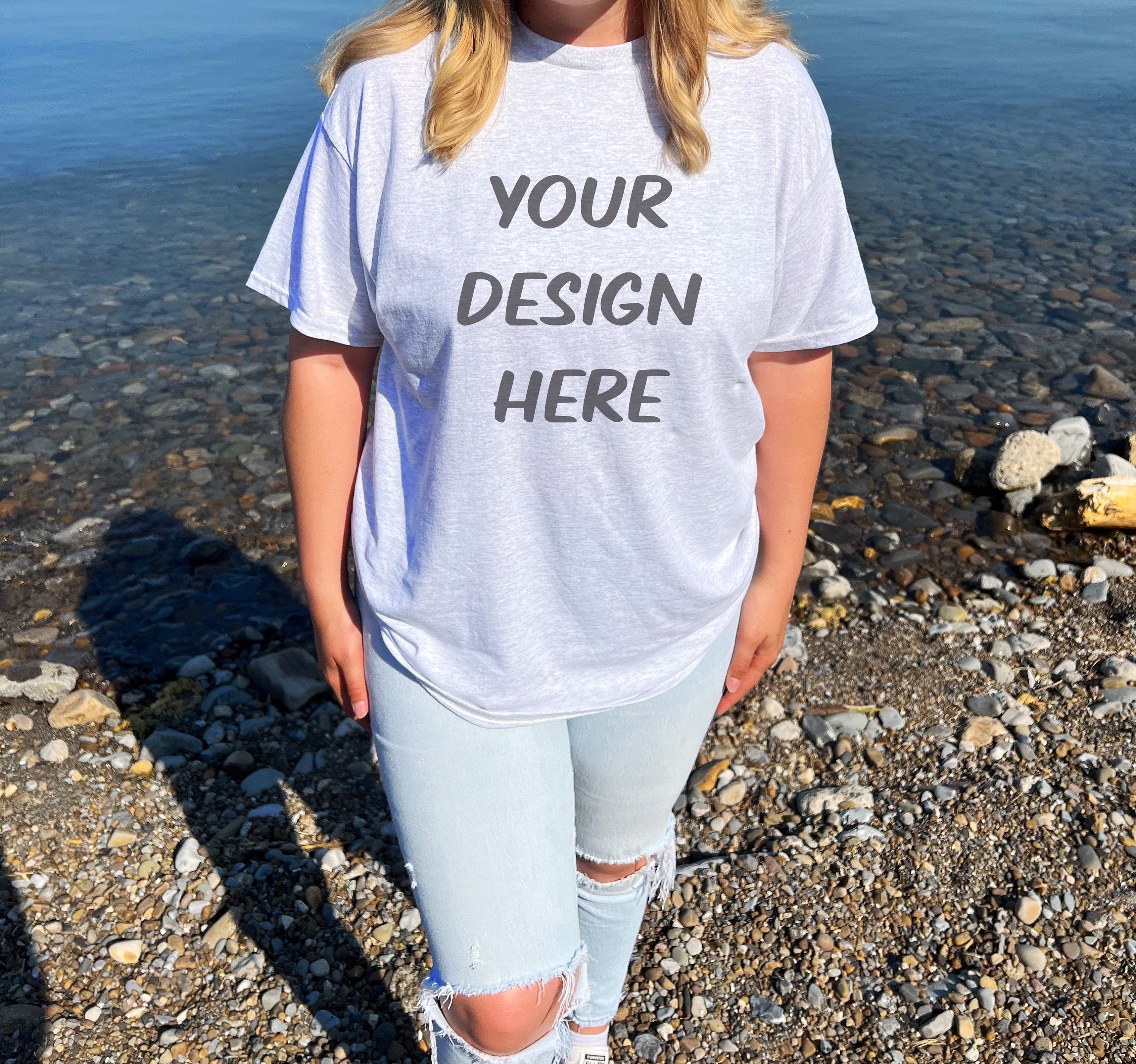 Gildan 5000 Ash T-shirt Mockup Lifestyle Beach Ocean Model for POD ...