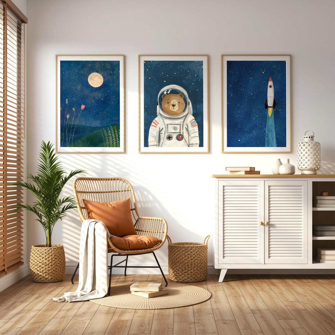 Children's Space Wall Posters • Blue Astronaut Bear, Rocket and Moon ...