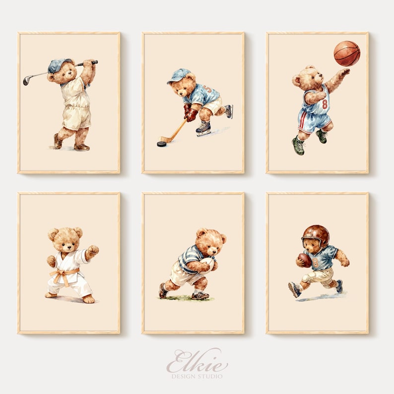 Vintage Teddy Bear Sports Wall Art, Set of 6 Boy Nursery Watercolor ...