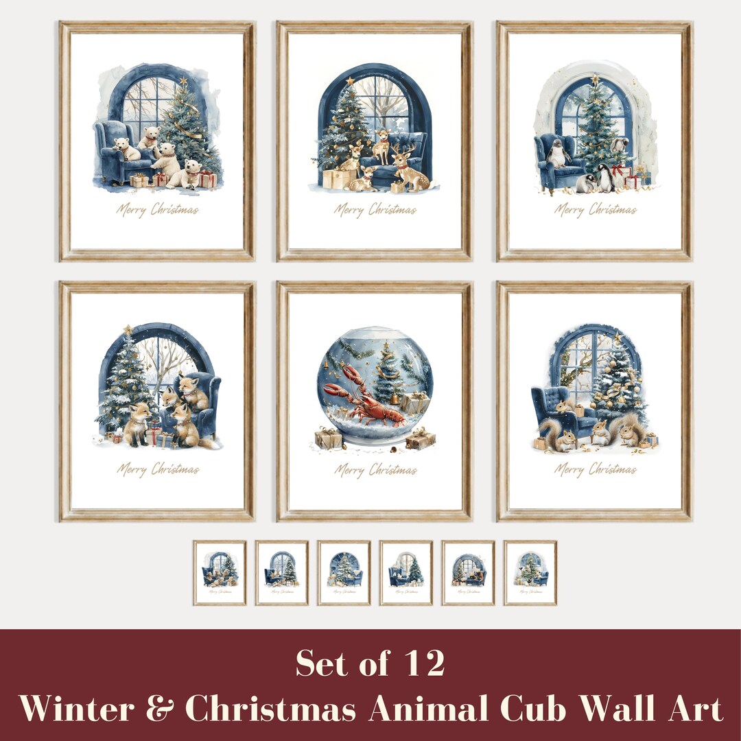 Winter Christmas Animal Cubs Art Prints Set of 12, Reindeer Penguin Fox ...