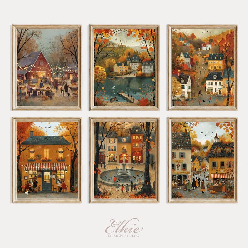 Cozy Fall Wall Art Bundle, Set of 18 Autumn Village Prints, Neutral ...