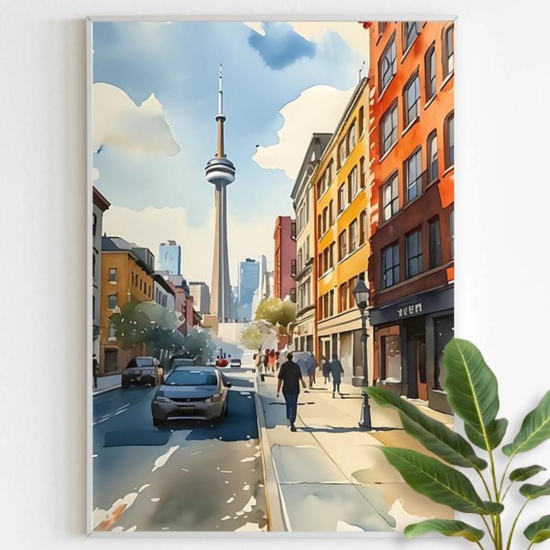 Toronto Street Watercolor Painting, Toronto CN Tower Poster, Toronto ...