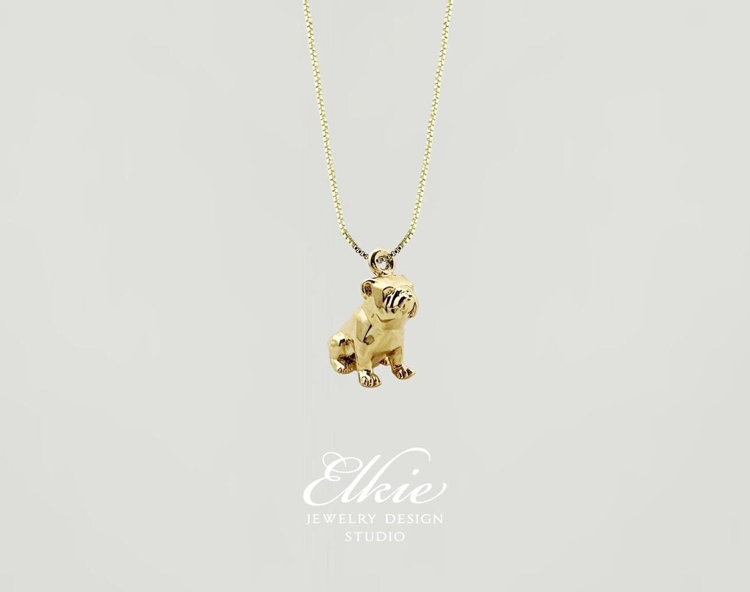 Bulldog Pendant Chain Necklace, 18k Gold Charm, Low Poly Design Jewelry ...