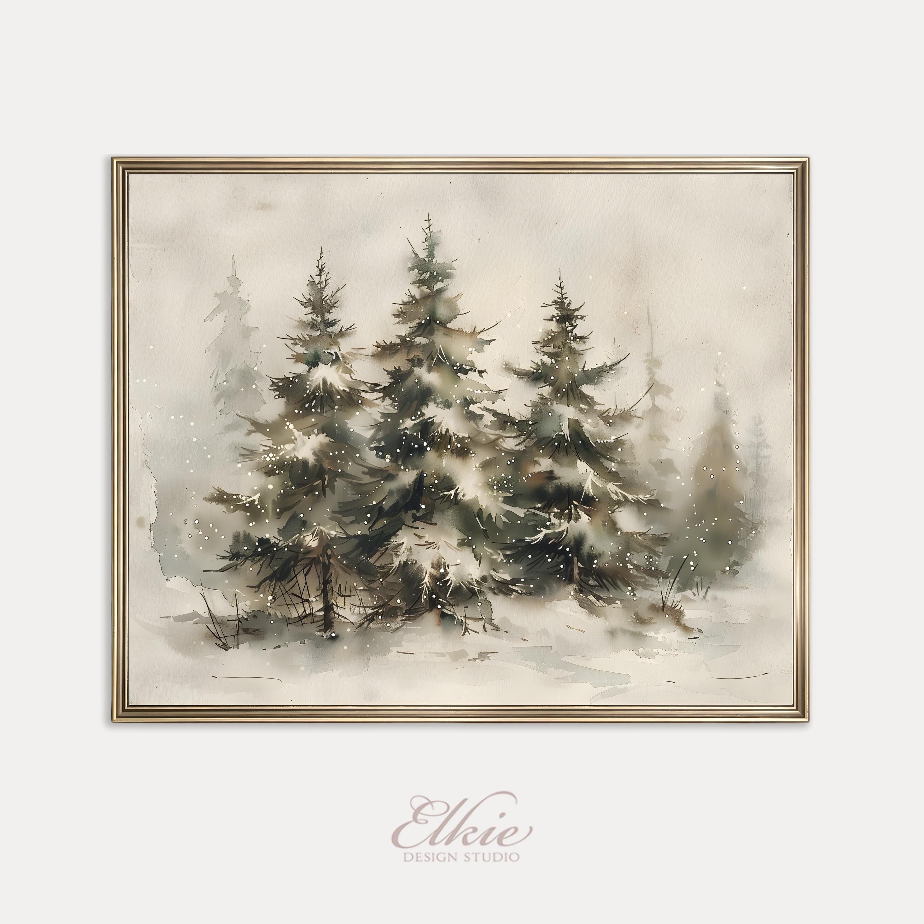 Vintage Winter Pine Tree Art Print, Snowy Forest Landscape, Rustic ...