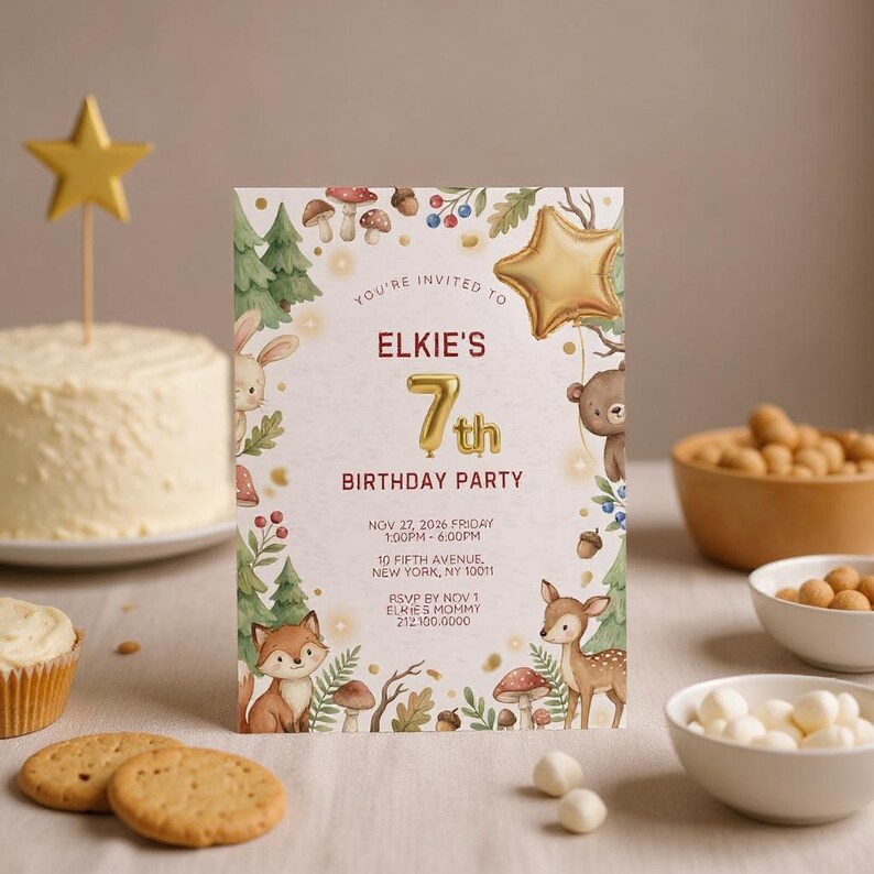 Woodland Animals Kids Birthday Invitation Template | Editable Canva ...