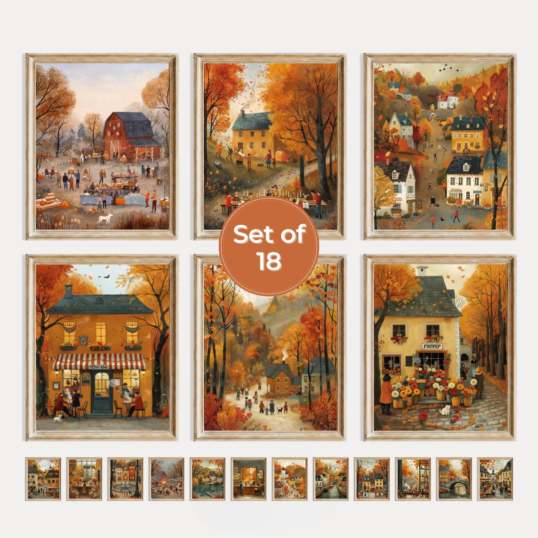 Cozy Fall Wall Art Bundle, Set of 18 Autumn Village Prints, Neutral ...