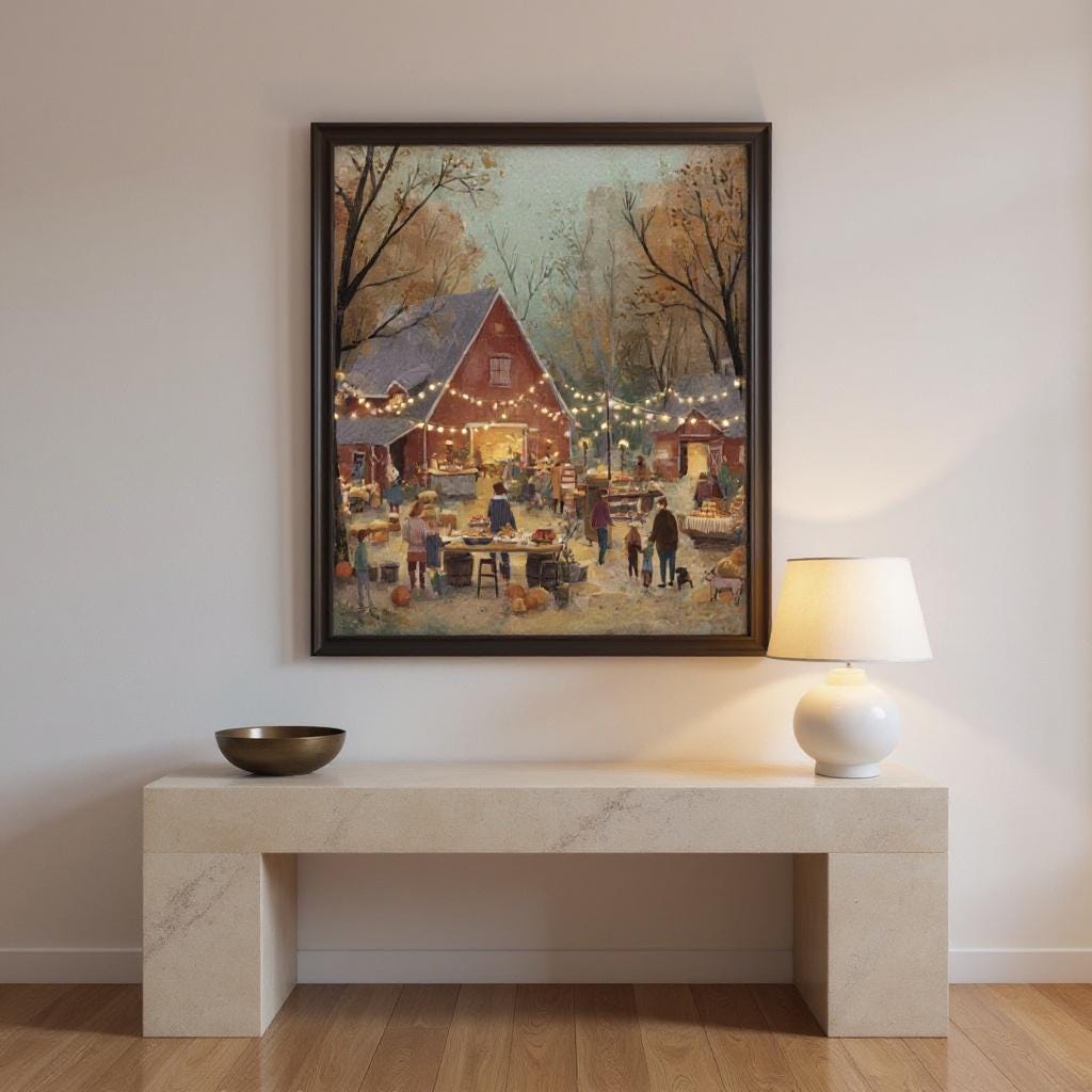 Cozy Fall Wall Art, Cute Autumn Print, Cozy Night Farm Potluck Painting ...