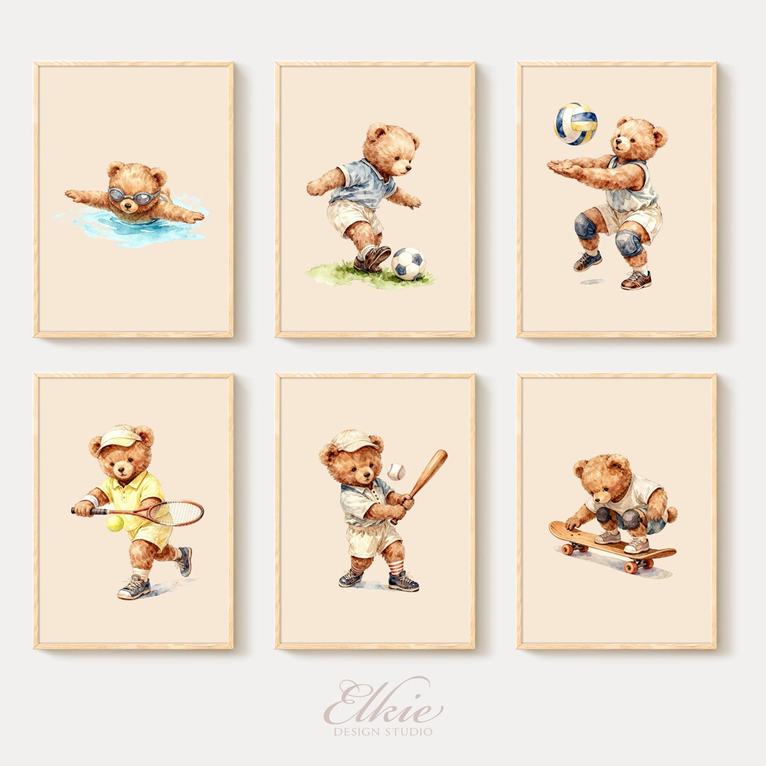 Set of 6 Vintage Teddy Bear Sports Wall Art, Boy Nursery Watercolor ...