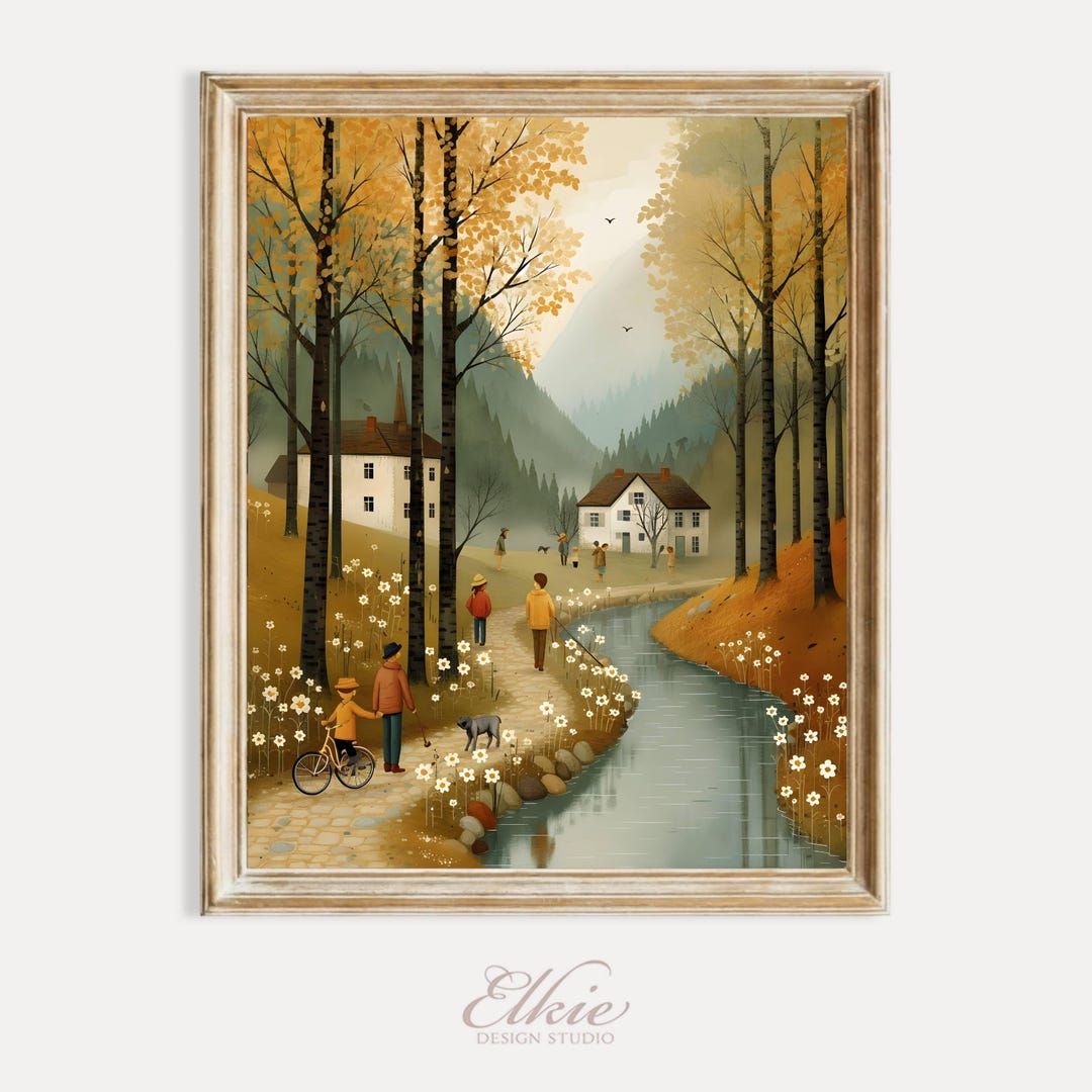 Cozy Spring Wall Art Print, Forest Path Painting, Cottagecore River ...
