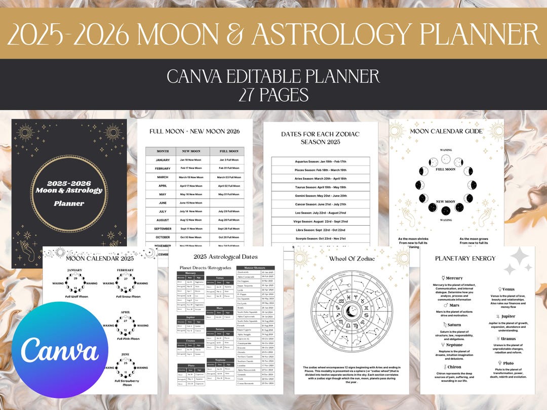 Editable Moon Astrology Planner in Canva, Template Pack, 2025 2026 Moon ...