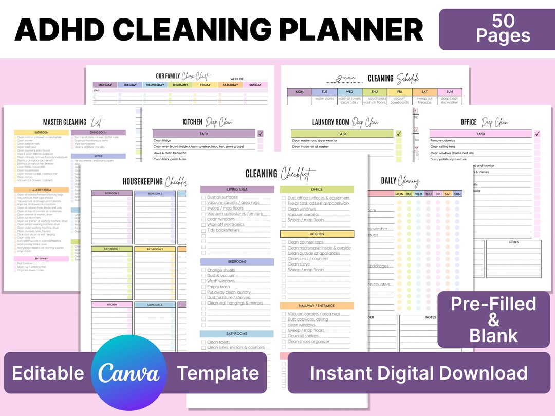 ADHD Cleaning Planner, Weekly, Monthly Bundle, Checklist, Declutter ...
