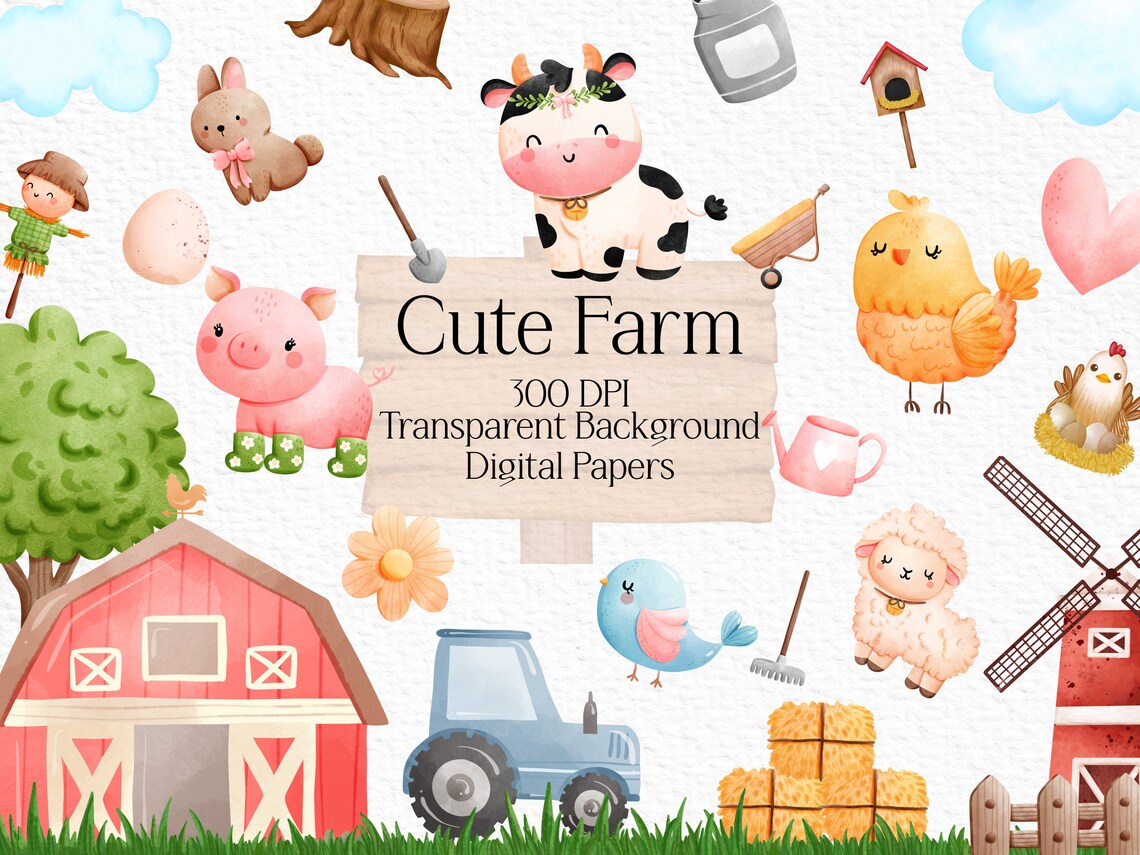 Cute Baby Farm Animals Clipart Farmyard Watercolor Clip Art - Etsy