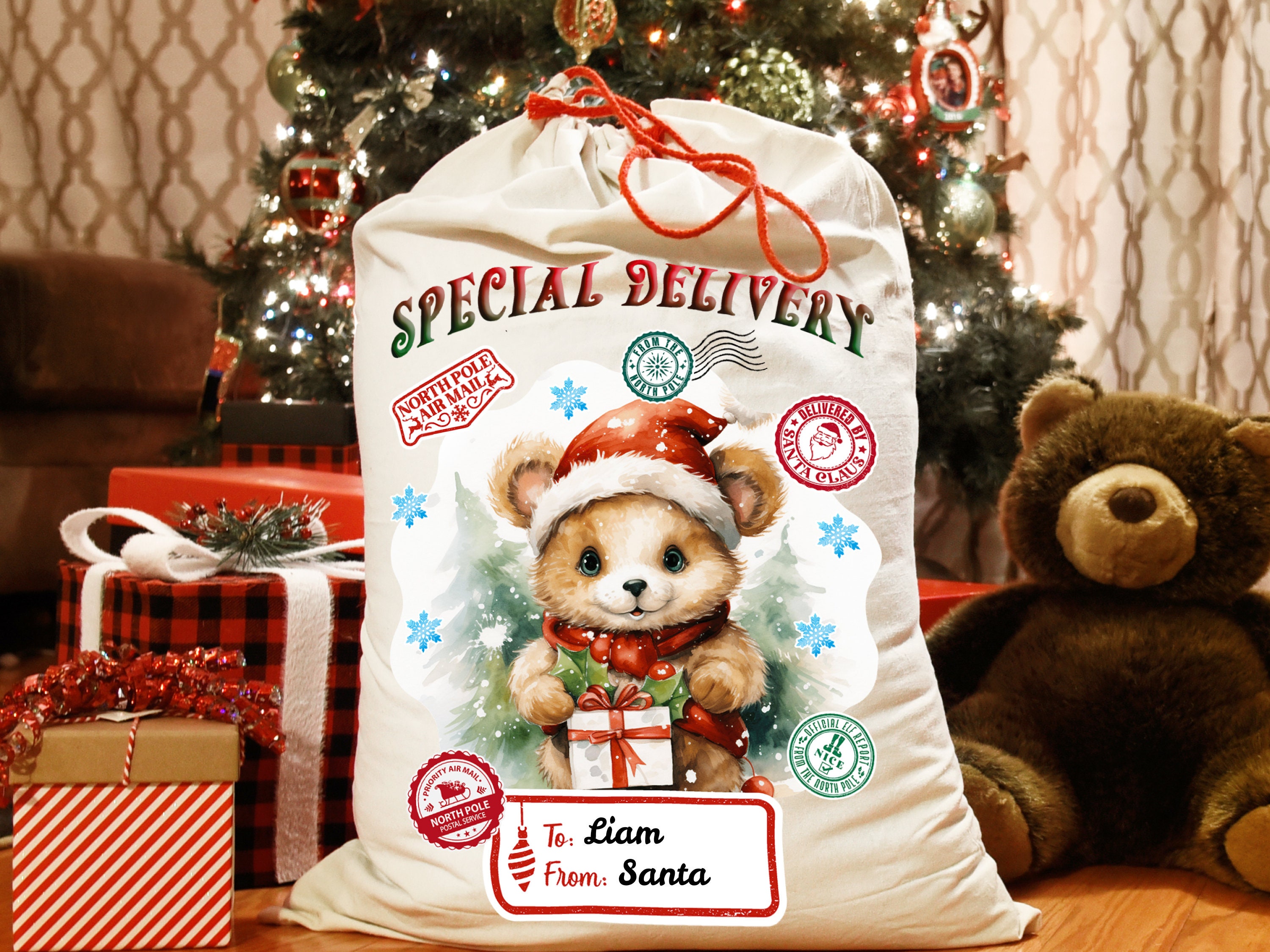 Santa Sack Sublimation Design PNG, Christmas Gift Bag With Bear PNG ...