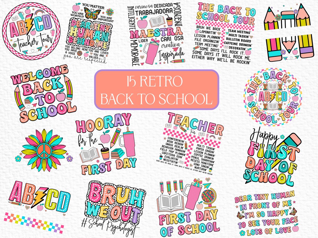 15 Retro Back to School Sublimation Bundle Graphics PNG Pencil Rainbow ...