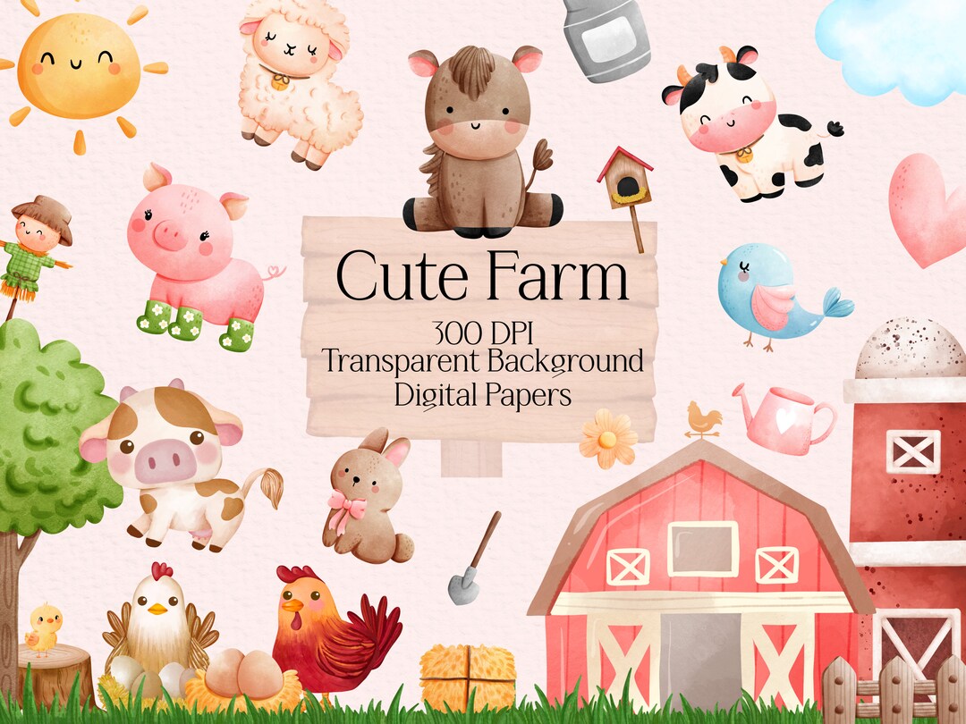 Cute Baby Farm Animals Clipart, Farmyard Watercolor Clip Art, Baby ...