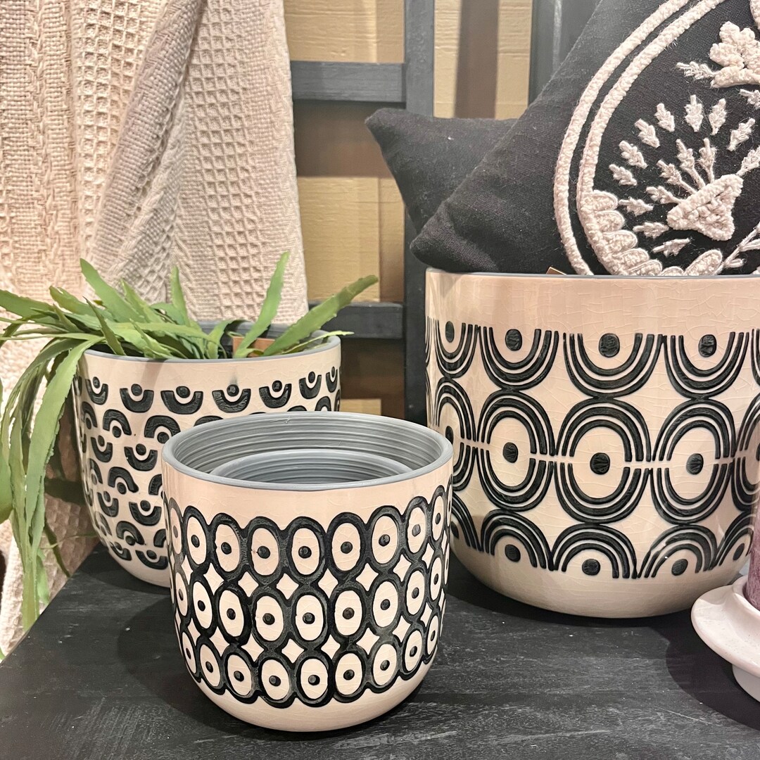 Ceramic White Planter With Black Abstract Design - Etsy