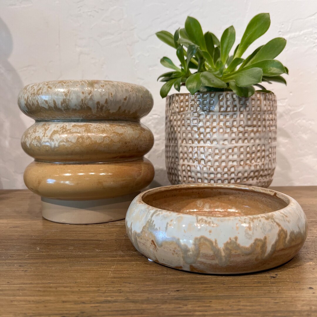 Ridged Reactive Glaze Stoneware Planter With Saucer - Etsy