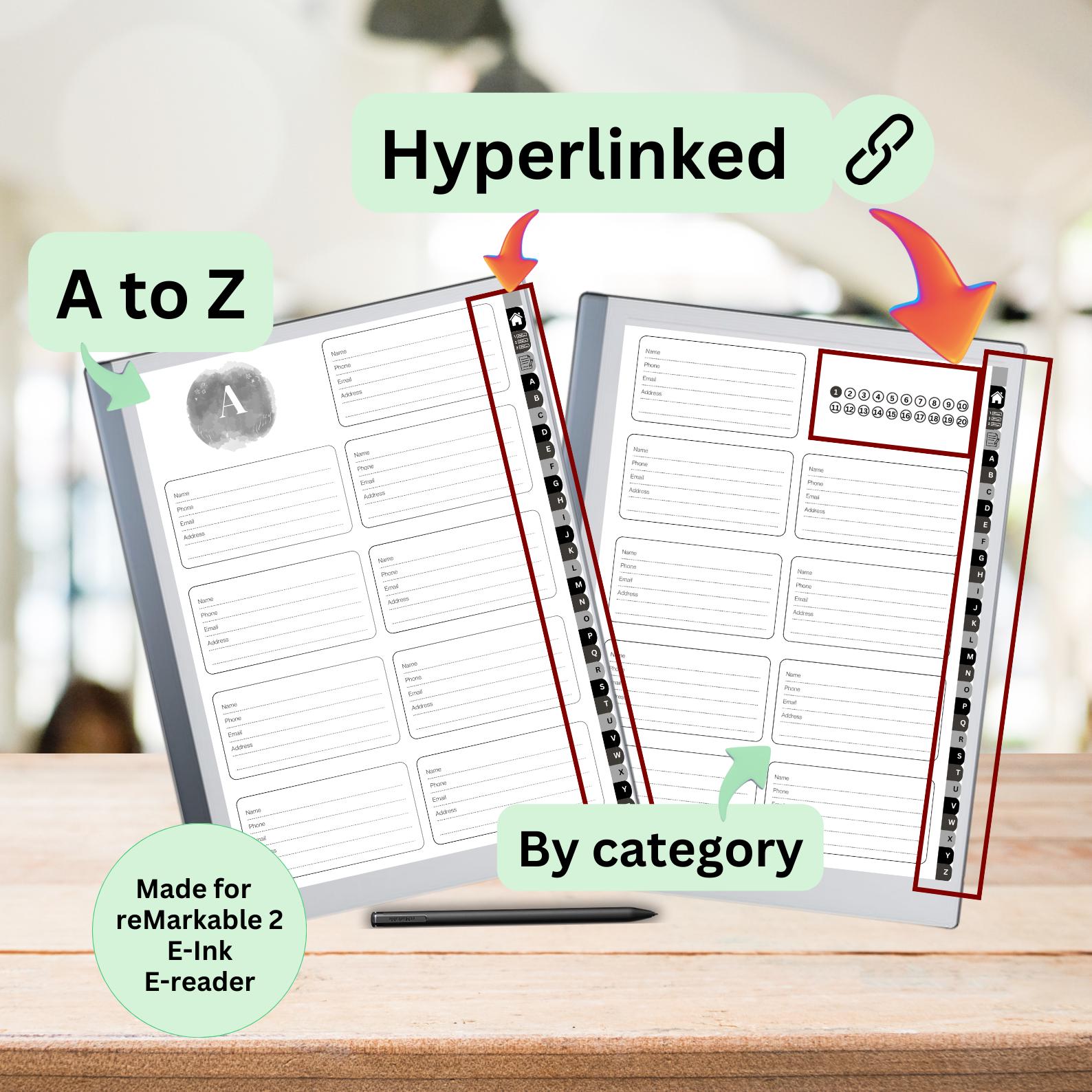 Remarkable 2 Address Book Template | Hyperlinked Digital Contact Log ...