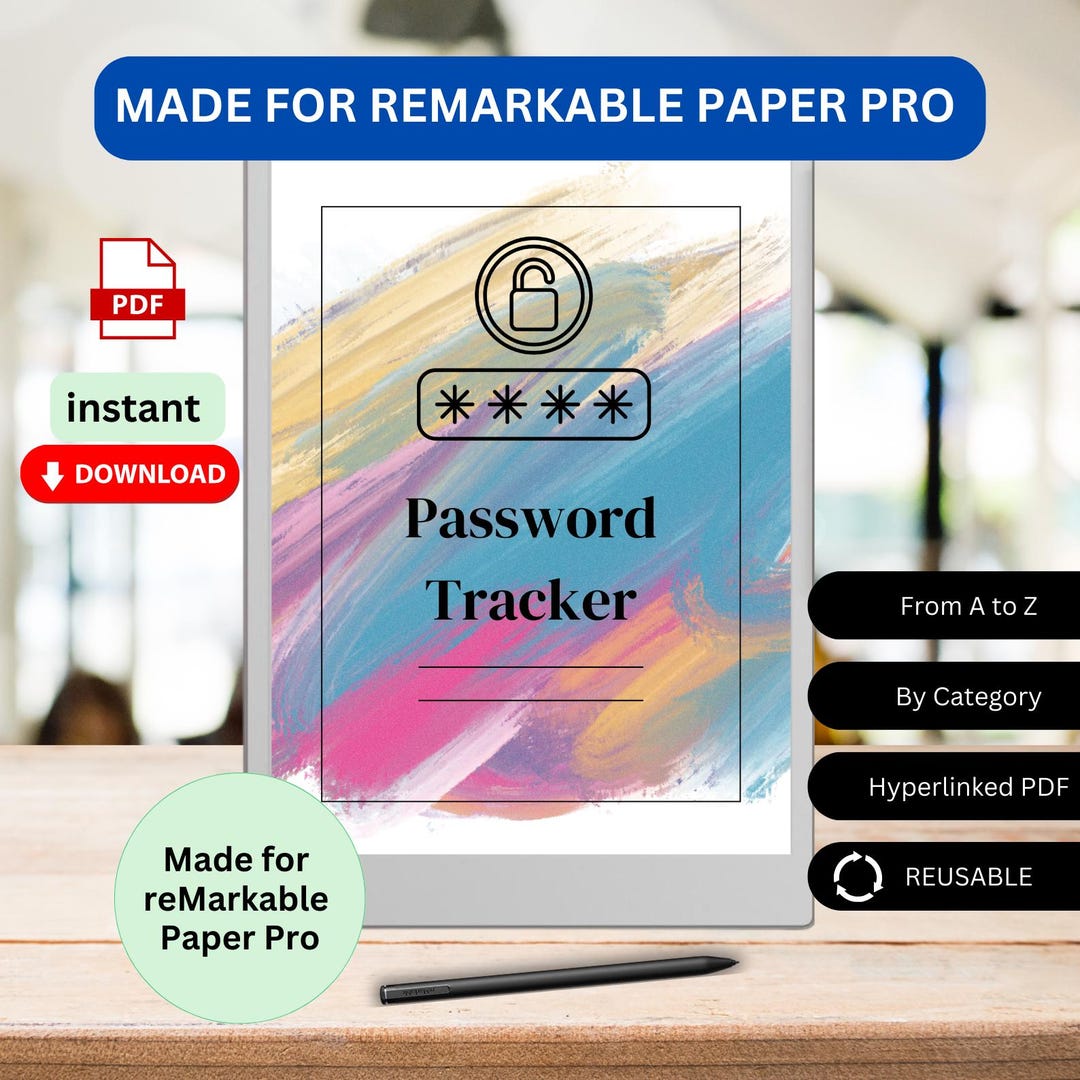 Passwords Tracker Hyperlinked Template for Remarkable Paper Pro ...