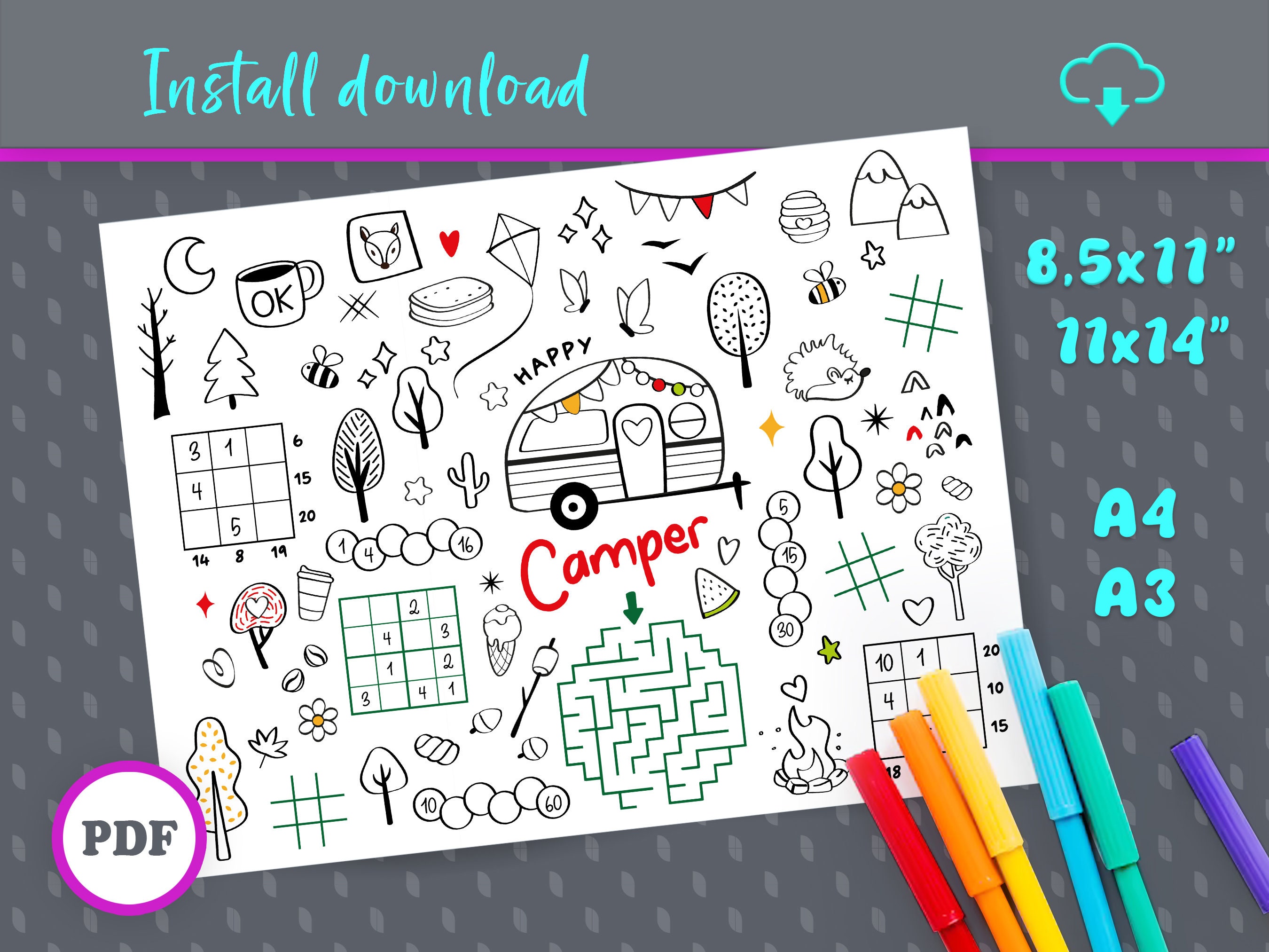 Tablecloth Activities to Color With the Phrase HAPPY CAMPER. With ...