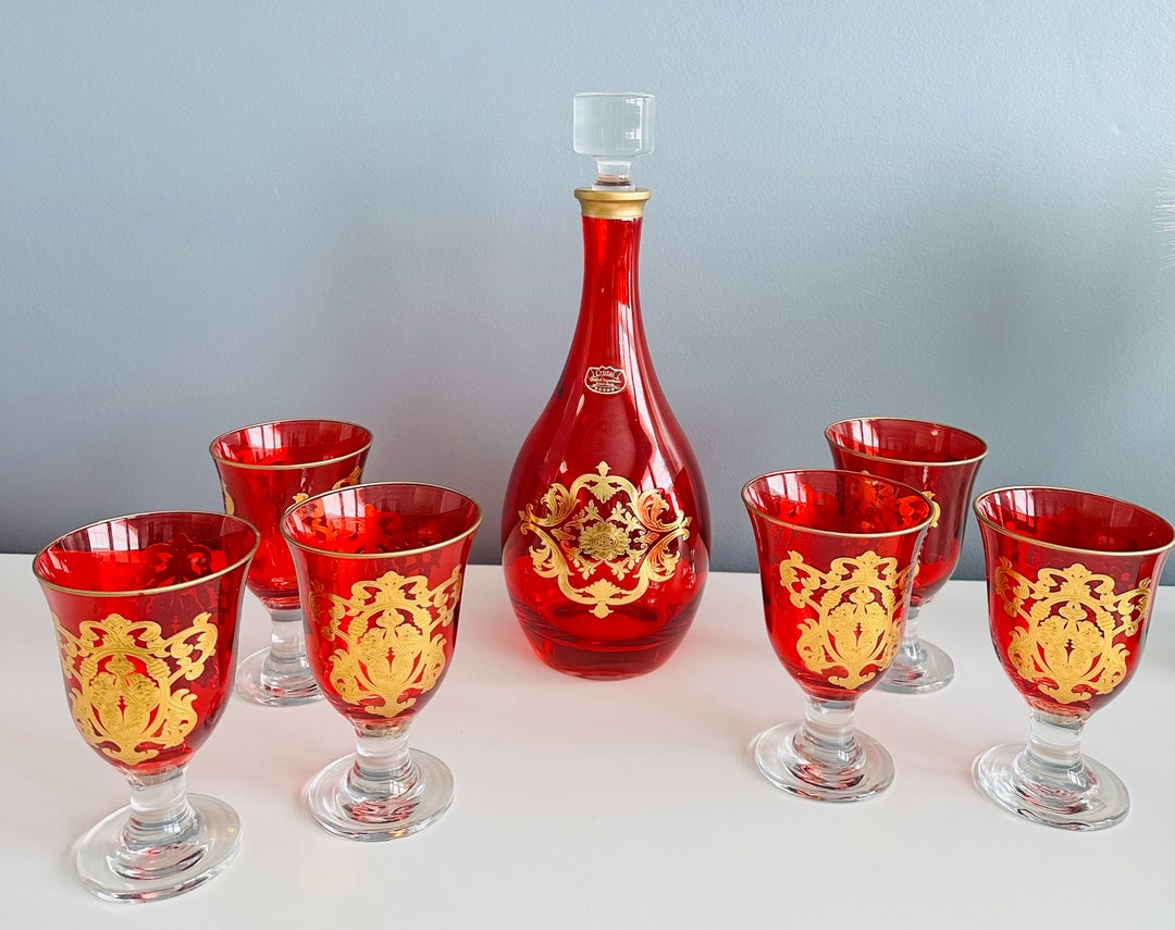Hand Painted Glass Red Carafe With 6 Glasses - Etsy