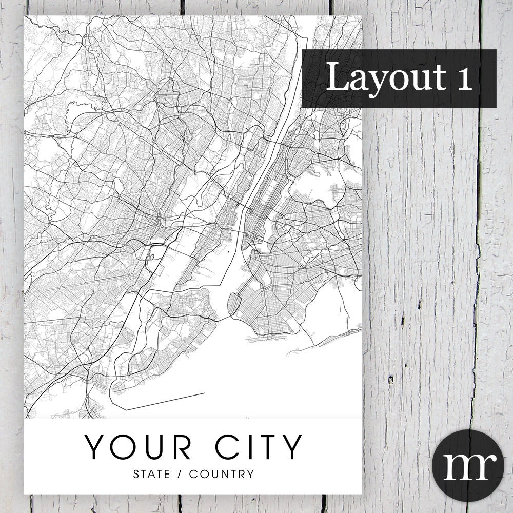 Minimalist Black and White Map Home Decor Any State City Town Digital ...