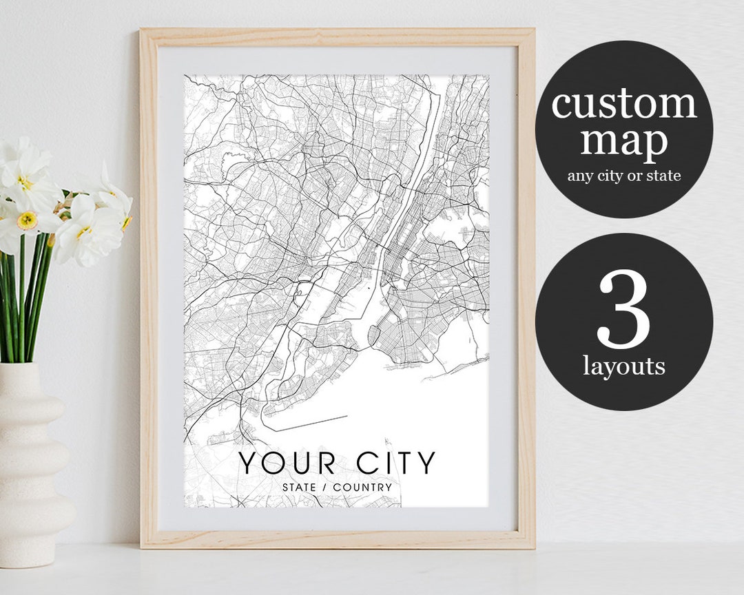 Minimalist Black and White Map Home Decor Any State City Town Digital ...