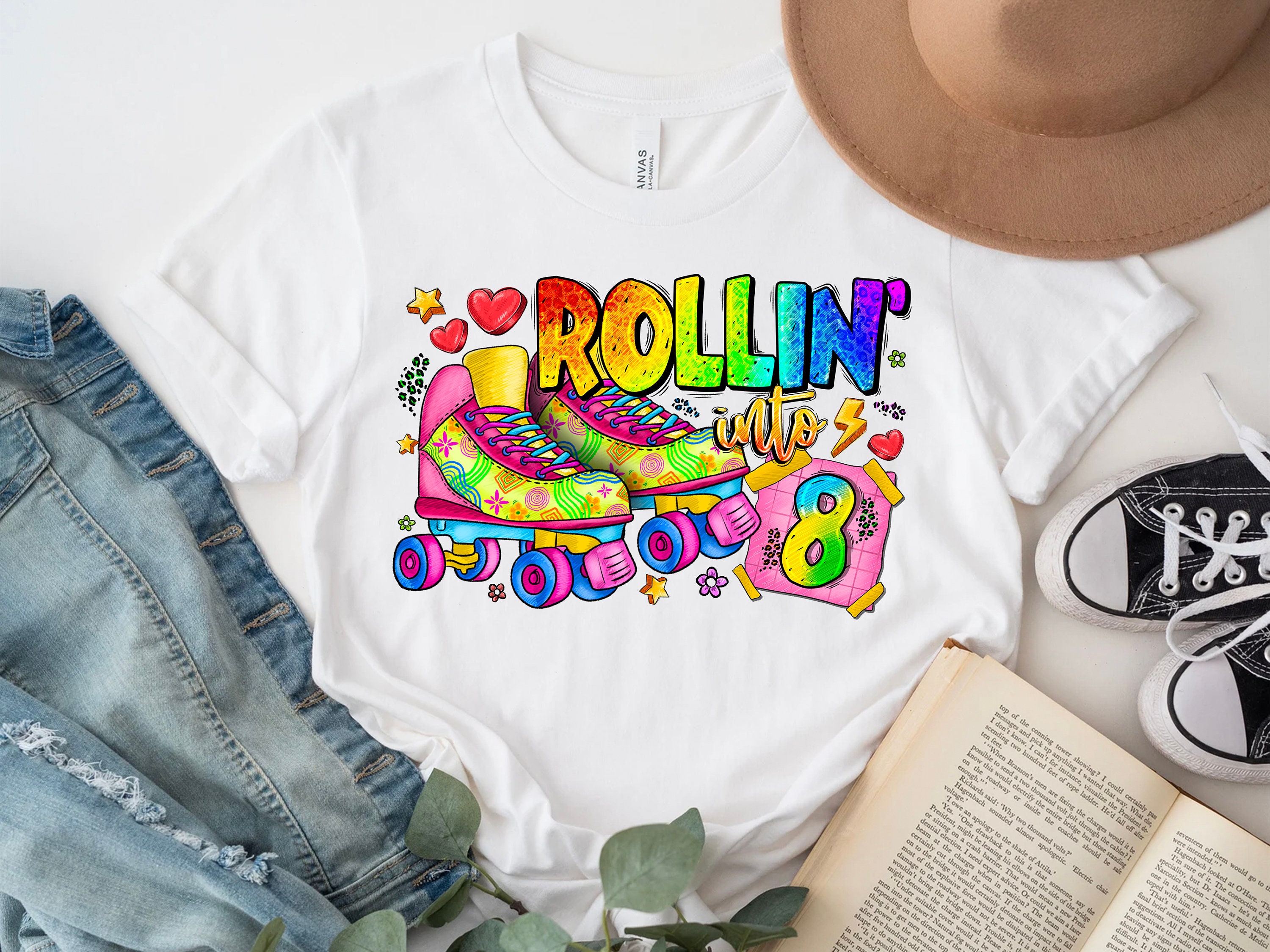 Rolling Into 8 Png Sublimation Design Download, 8th Birthday Png, Skate ...