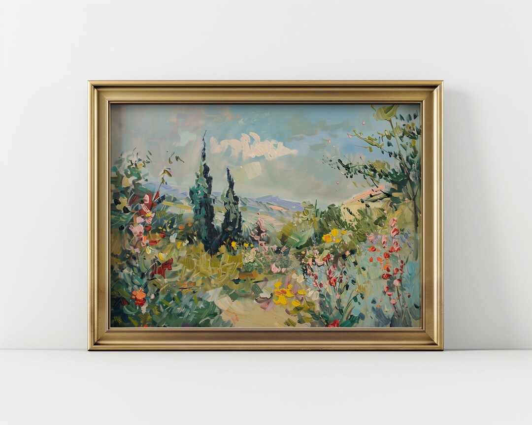 Vintage Spring Landscape Art Print: Neutral Oil Painting Style (digital ...