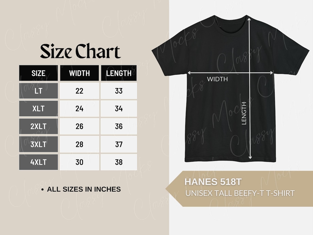 Hanes 518t Size Chart T Shirt Sizing Guide For Unisex Tall Etsy