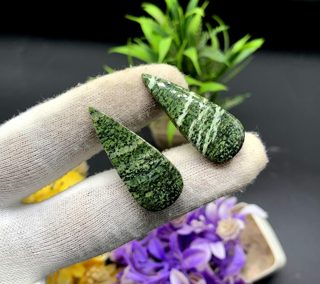 Pear Green Lace Agate Gemstone Pair: Cabochon Loose Stone (39x16x4 MM ...