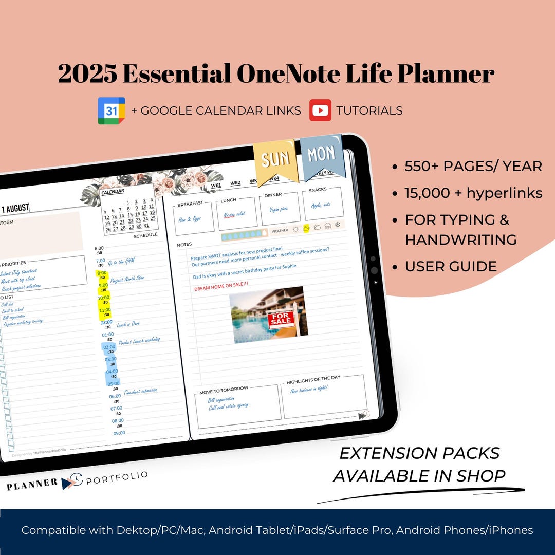 Onenote Digital Planner, 2025 Onenote Templates, Pink Daily Planner ...