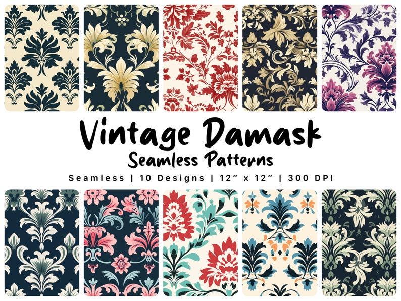 Seamless Vintage Damask Patterns - Seamless Digital Paper - 10 Designs ...