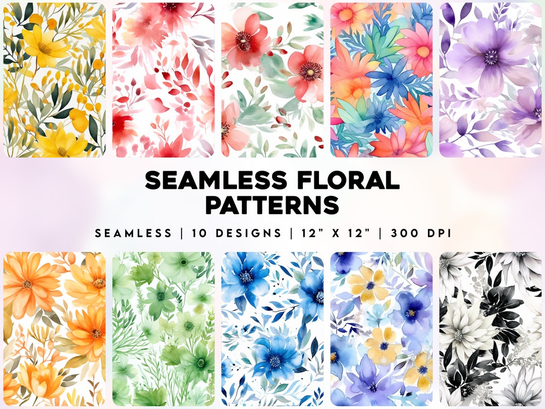 Bright Flower Digital Paper - Seamless Watercolor Floral Designs - 10 ...