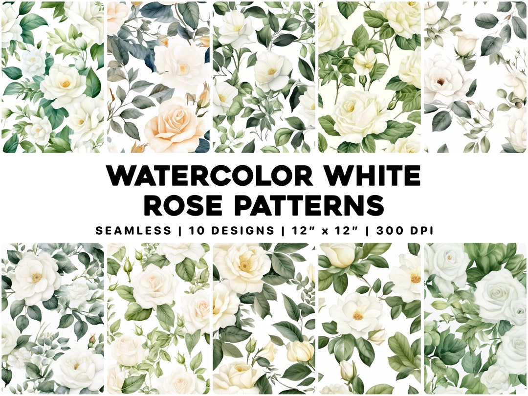 Seamless Watercolour White Rose Flower Patterns - Seamless Digital ...