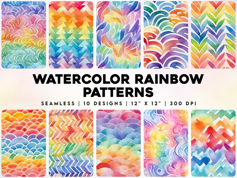 Seamless Watercolour Rainbow Patterns - Seamless Digital Paper - 10 ...