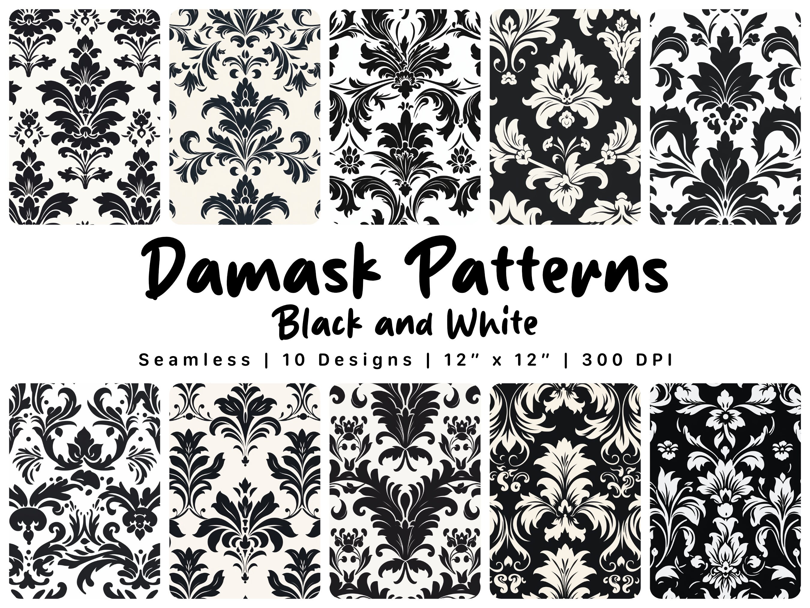 Seamless Black & White Damask Patterns - Seamless Digital Paper - 10 ...