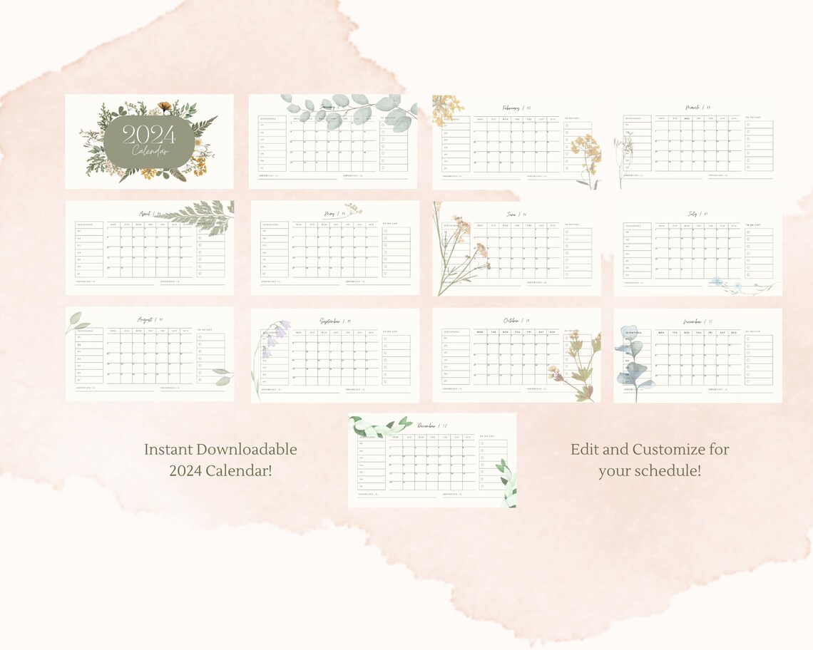 2024 Monthly Calendar, Editable, Printable, Downloadable 2024 Landscape ...