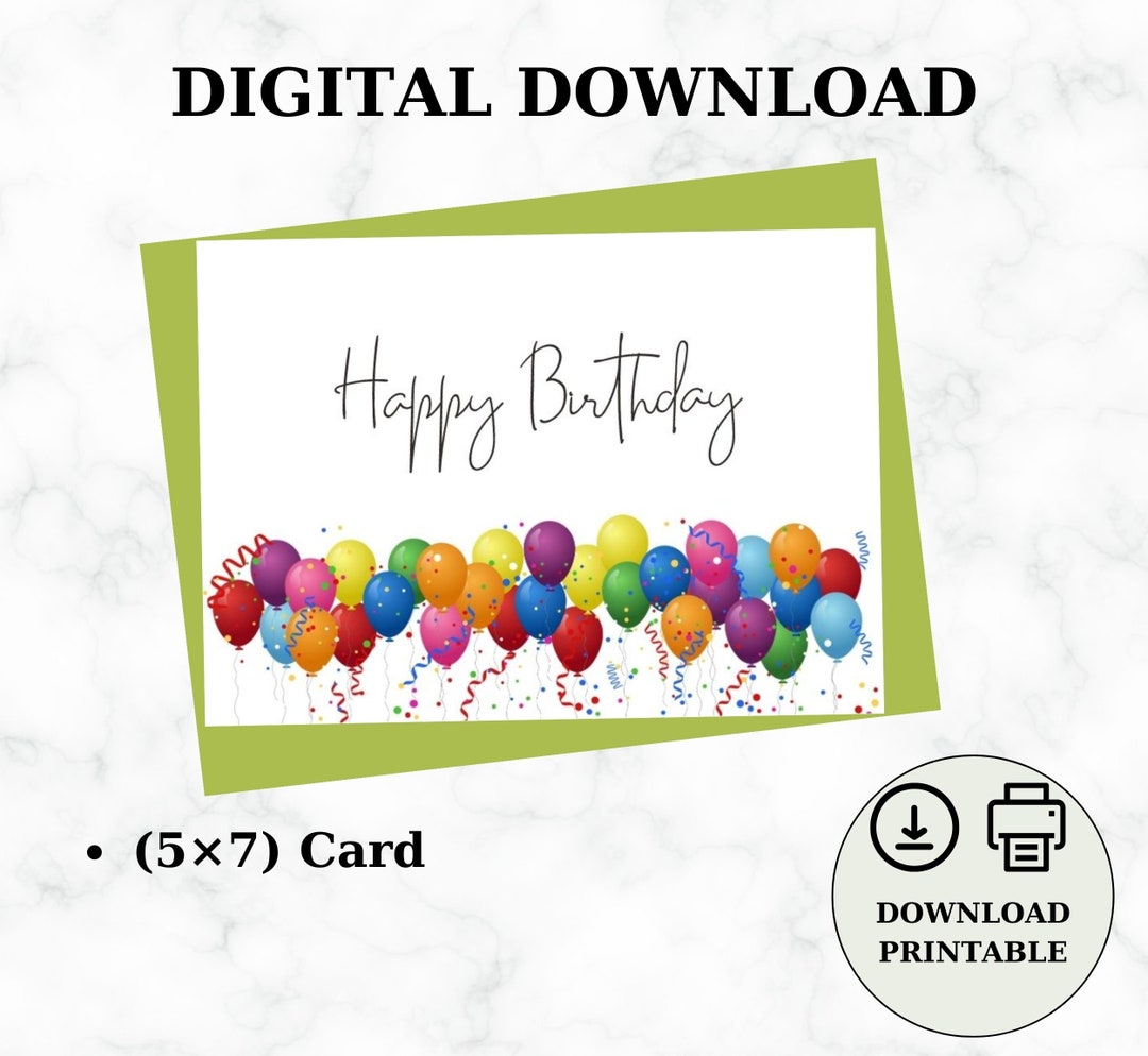 Printable Birthday Card Balloon Birthday Card Happy Birthday - Etsy